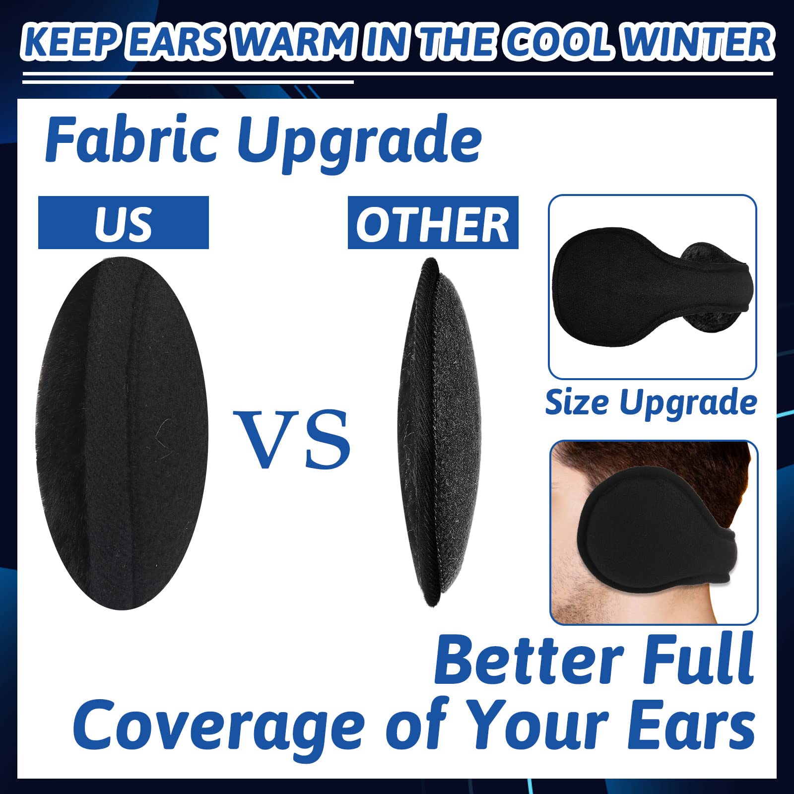Winter Ear Muffs Unisex Foldable Ear Muffs Winter Ear Warmers Fleece Knits Behind the Head Ear Covers for Women Men Cold Weather (Black, 3 Pack)
