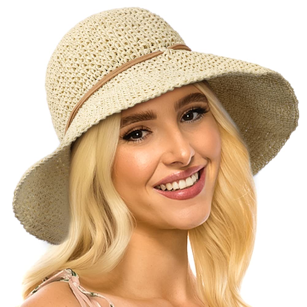 Women's Foldable Straw Sun Hat Wide Brim UPF 50+ Crochet Summer Floppy Beach Hat Beige