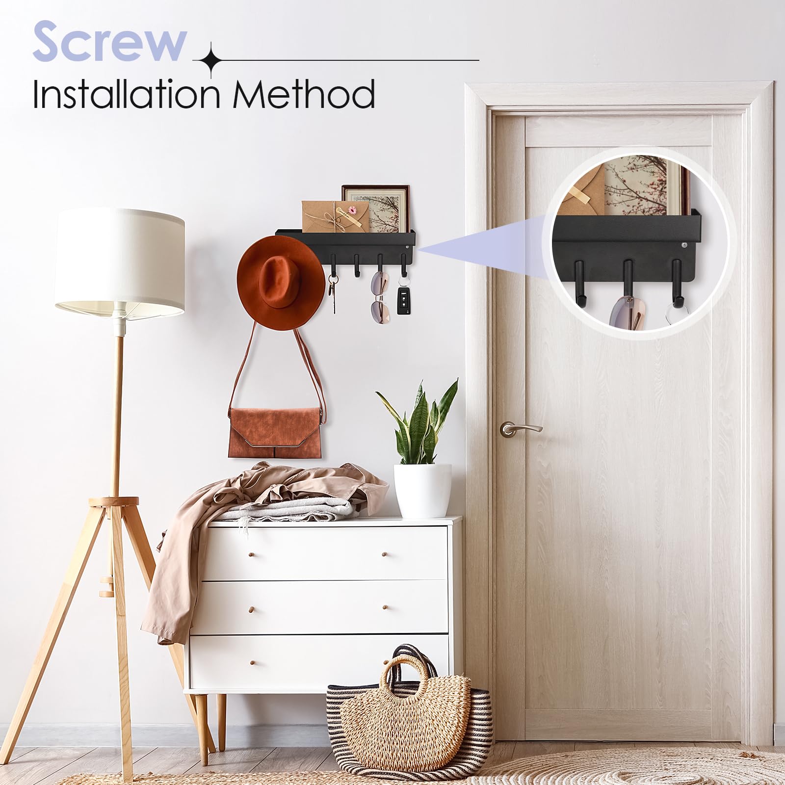 VIS'V Key Holder Wall Mount, Matte Black Stainless Steel Key Mail Holder Small Key Rack with Tray Adhesive Key Hanger Mail Storge Organizer with 6 Key Hooks for Entryway Hallway Doorway