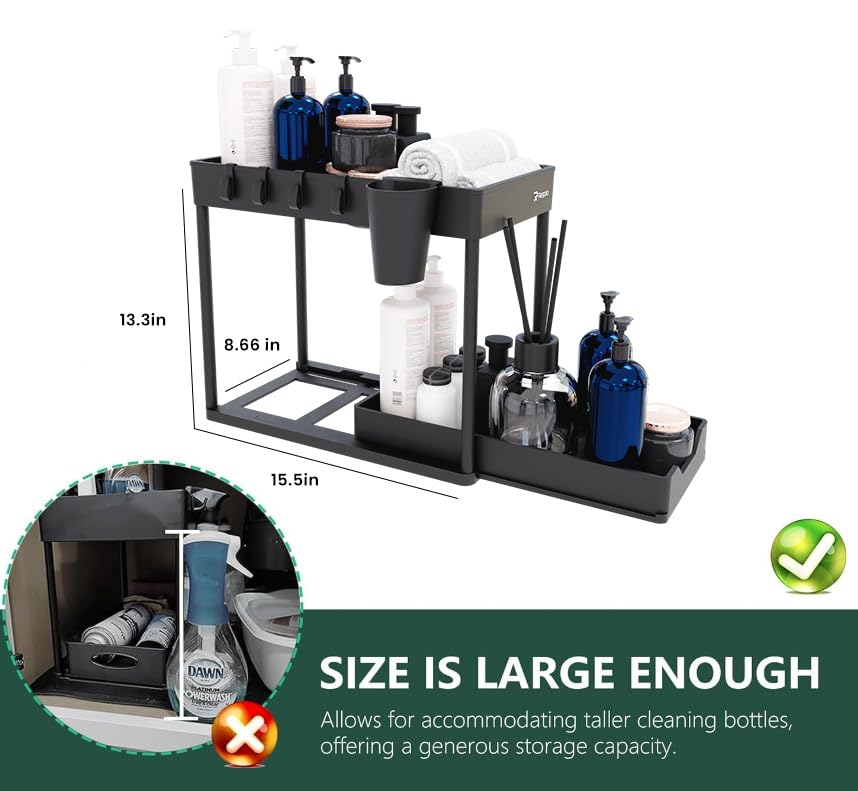 Regoia Under Sink Organizer and Storage 2 Pack with 1 Sponge Holder for Kitchen Sink, 2-Tier Sliding Bathroom Organizers and Storage, Kitchen Countertop Organization with Hooks and Hanging Cup, Black