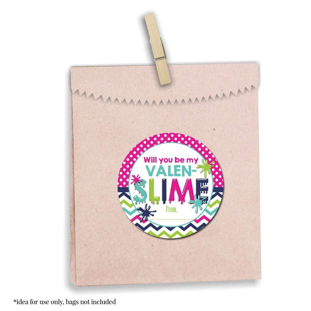 Slime Time Valentine Party Favor Sticker Labels, 40 2" Party Circle Stickers by AmandaCreation, Great for Classroom Valentines, Envelope Seals, Gifts & Treats