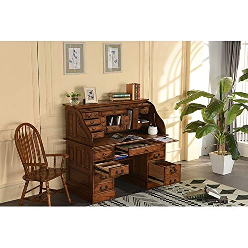 Roll Top Desk Solid Oak Wood - 54 Inch Deluxe Executive Rolltop Desk Burnished Walnut Stain for Home Office Secretary Organizer Roll Hutch Top Easy Assembly Quality Crafted Construction