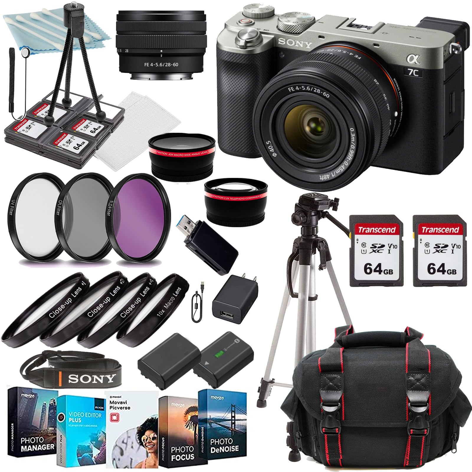 Sony a7C Mirrorless Camera with Sony FE 28-60mm f/4-5.6 Lens(ILCE7CL/B)+Case+128 GIG Memory Cards+Commander Starter Kit(17PC) Bundle (Silver)