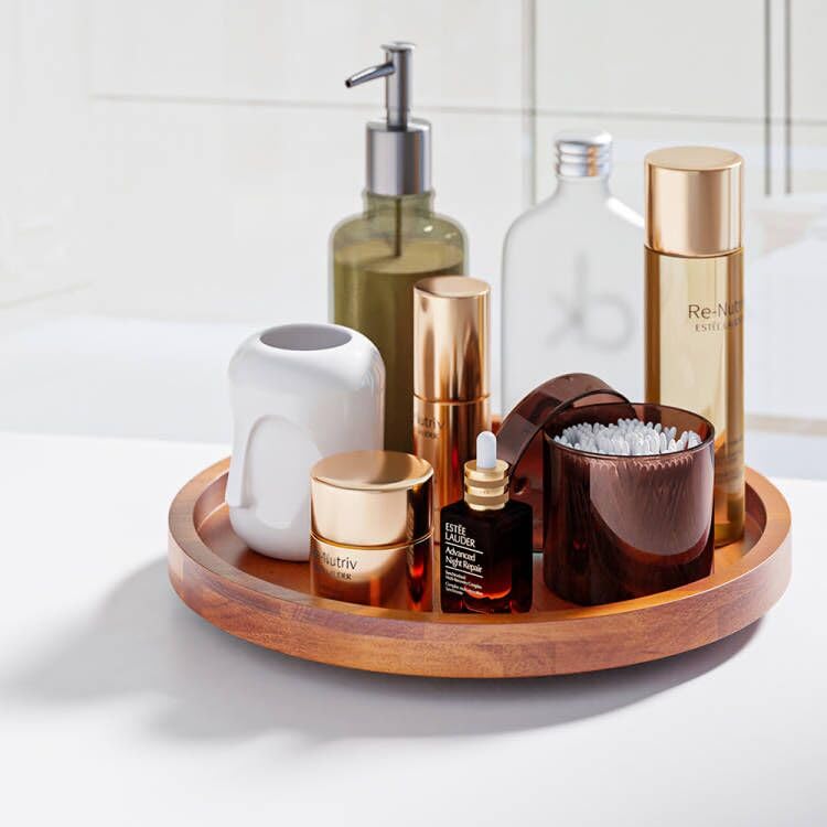 Turntable Vanity Tray 12 Inch, Makeup Organizer and Storage Trays for Counter, Wood Decorative Tray for Perfume Candle, Bathroom Sink Countertop Organizer, Brown