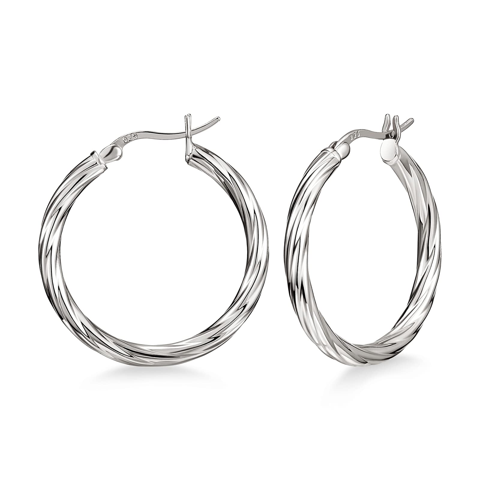 SWEETV 925 Sterling Silver Hoop Earrings for Women 25mm Medium Twisted Hypoallergenic Hoops Round Click-Top