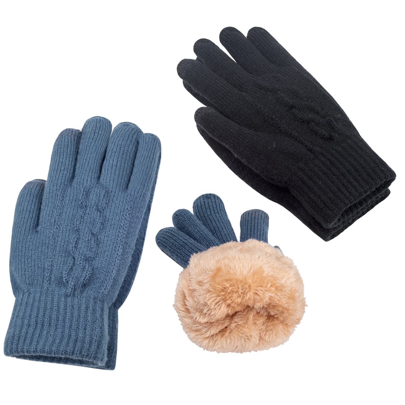 Women's Winter Warm Touch Screen Gloves Womens Thermal Cable Knit Wool Fleece Lined Mittens for Cold Weather (White+Purple)