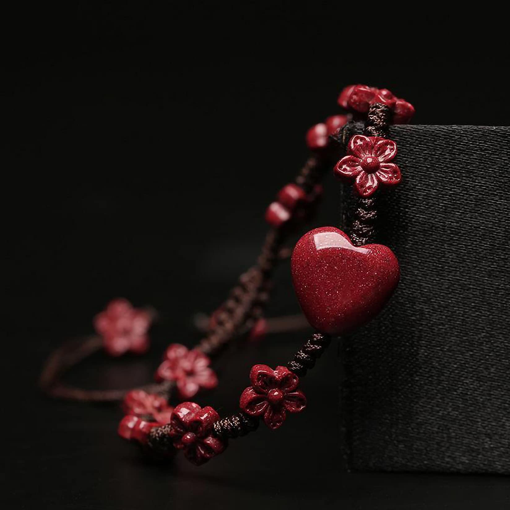 Xgimas Natural Cinnabar Bracelet, Adjustable Handmade Braided Rope Prosperity Flowers Good Lucky Red Heart Shaped Charm Bracelet for Women Men