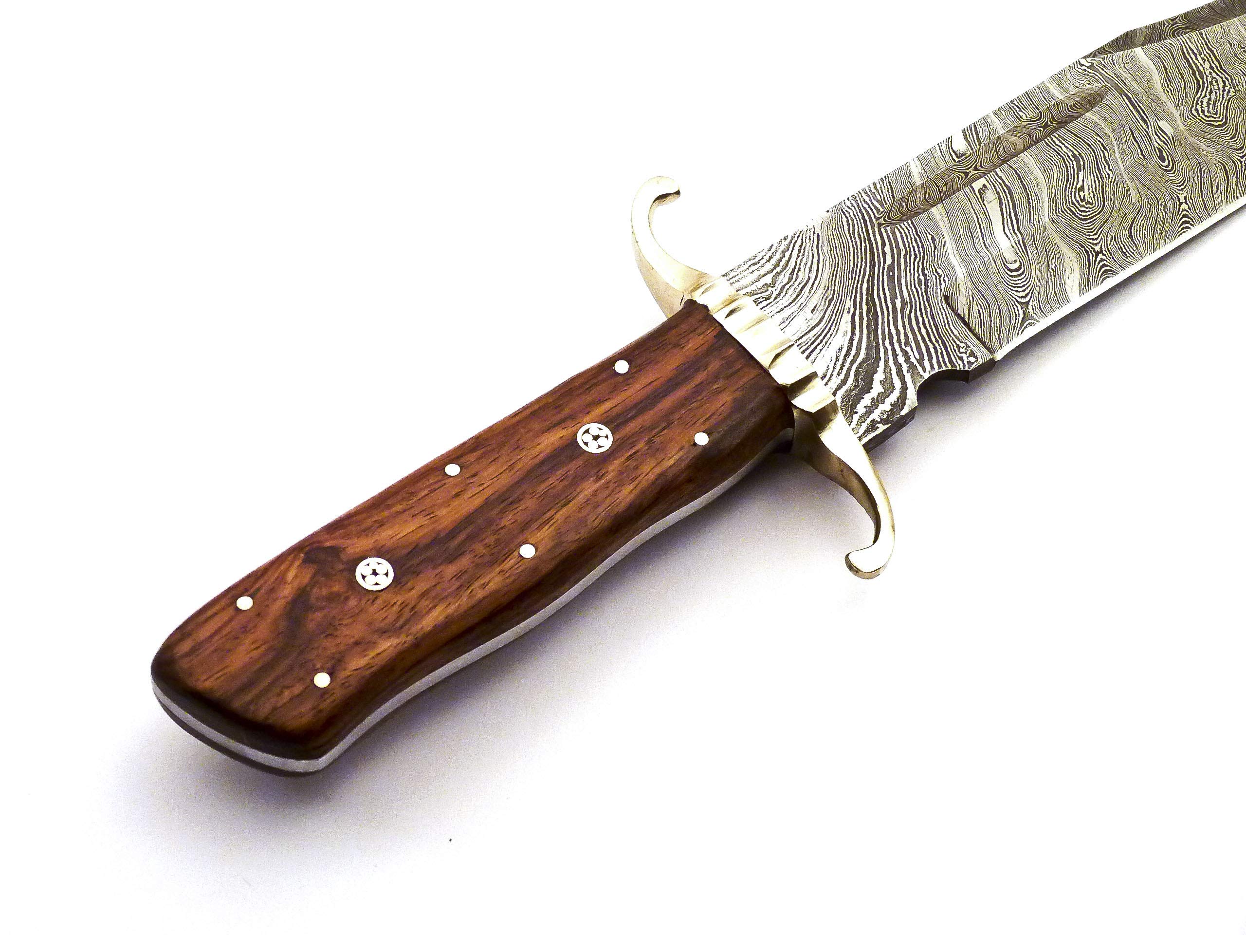 Skokie Knives Custom Hand Made Damascus Steel Hunting Bowie Knife Handle Walnut Wood With Mosic Pins And Brass Guard