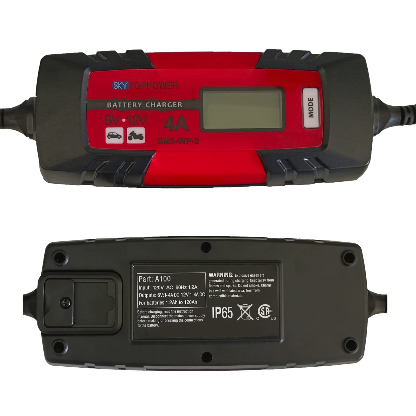 SKY TOPPOWER Battery Charger 6V/12V 4A Smart Battery Maintainer, with LCD Display,Fully Automatic Trickle Charger for Automotive Car Motorcycle, Lawn Mower,Motorcycle, Boats.