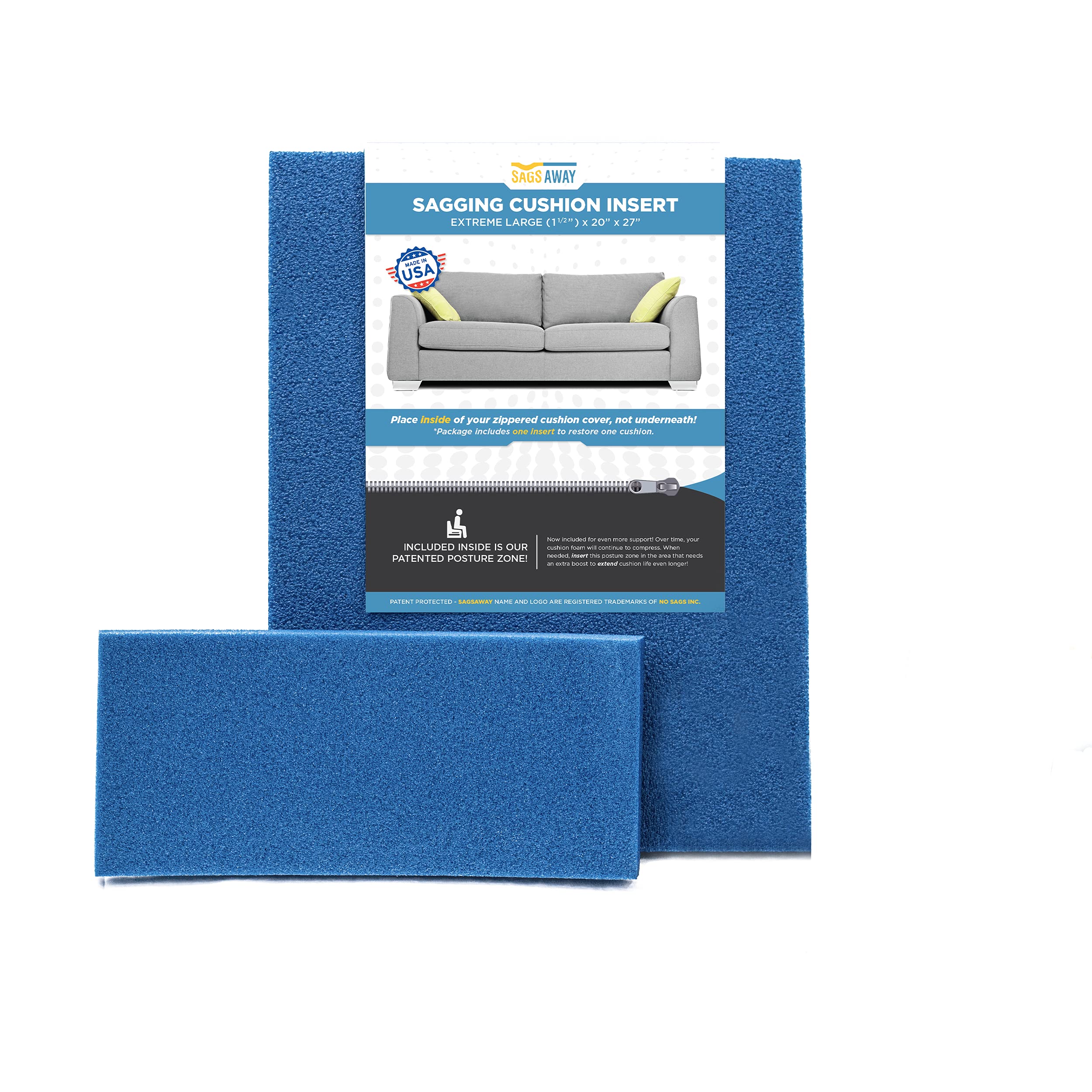 SagsAway New Improved 1.5in Thick Cushion Insert and .5in Posture Zone Insert for Immediate Lasting Support for 1 Saggy Seat. Patented Military Grade Foam Adds Thickness, Delay Replacing Furniture