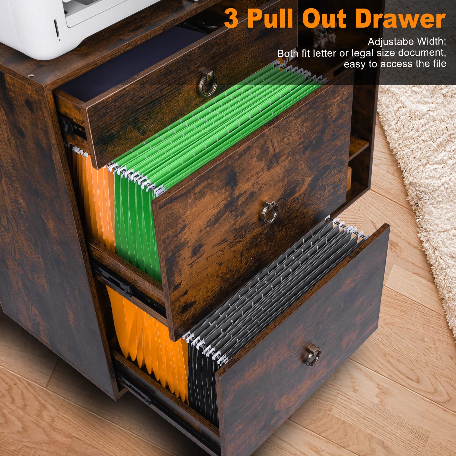 TQVAI 3-Drawer File Cabinet, Mobile Filing Cabinet, Wood Printer Stand with Adjustable Open Storage Shelf, Archaize(Antique)