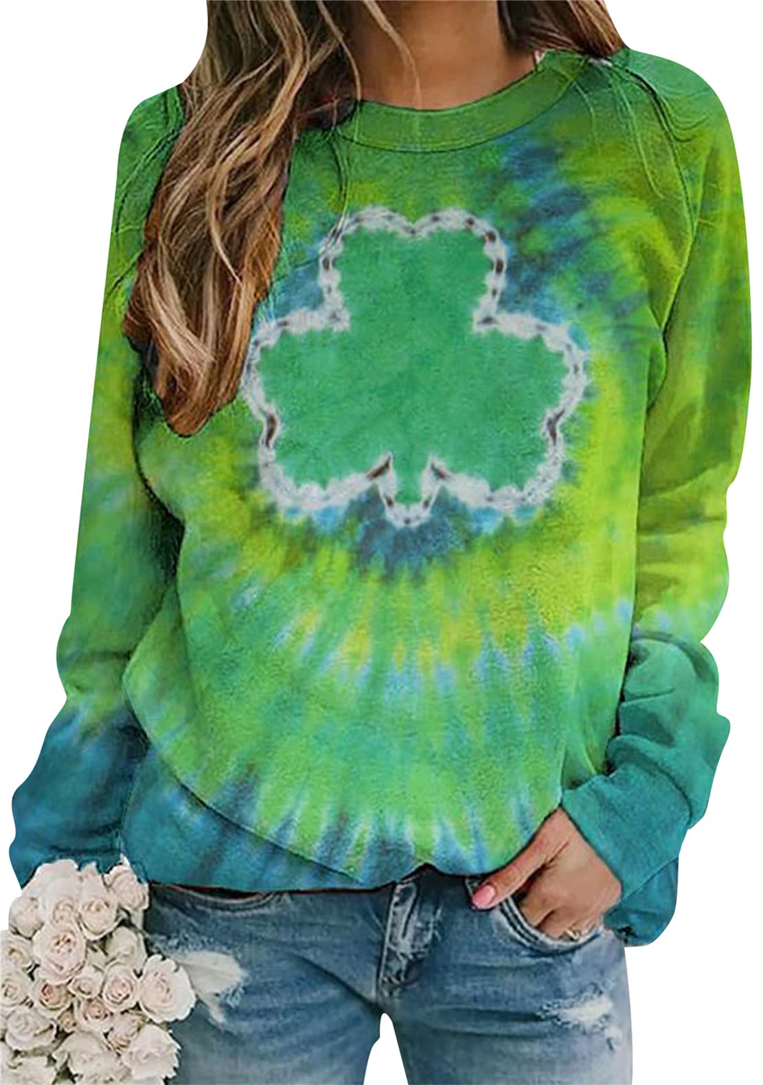 YMING Women's St. Patrick's Day Long Sleeve Pullover Crewneck Clover Print Shirts Casual Shamrock Sweatshirt Tie Dye Green XL