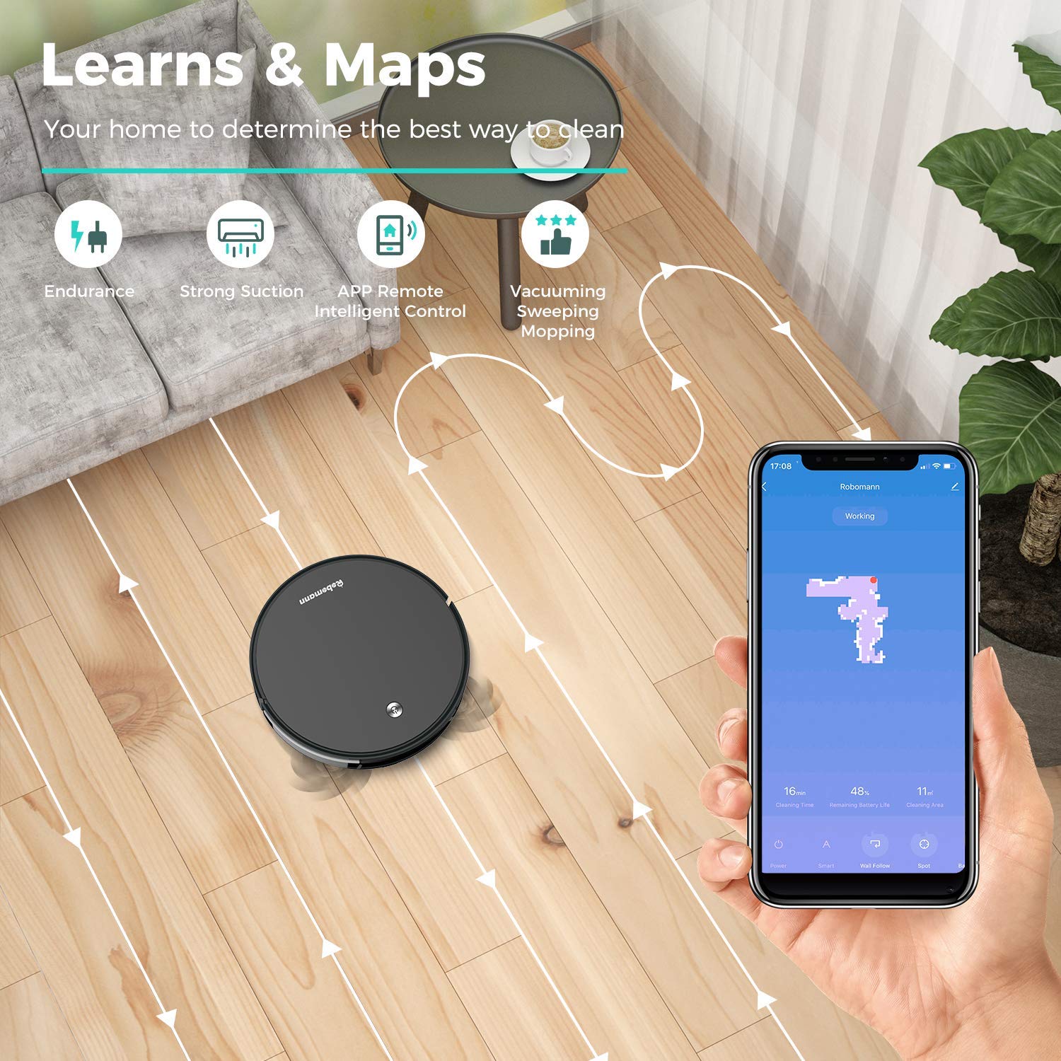 ROBOMANN Robomann380 Smart Navigating Robotic Vacuum Cleaner with 2000Pa Strong Suction, Alexa & APP Connectivity for Pet Hair, Carpet & All Types of Floor