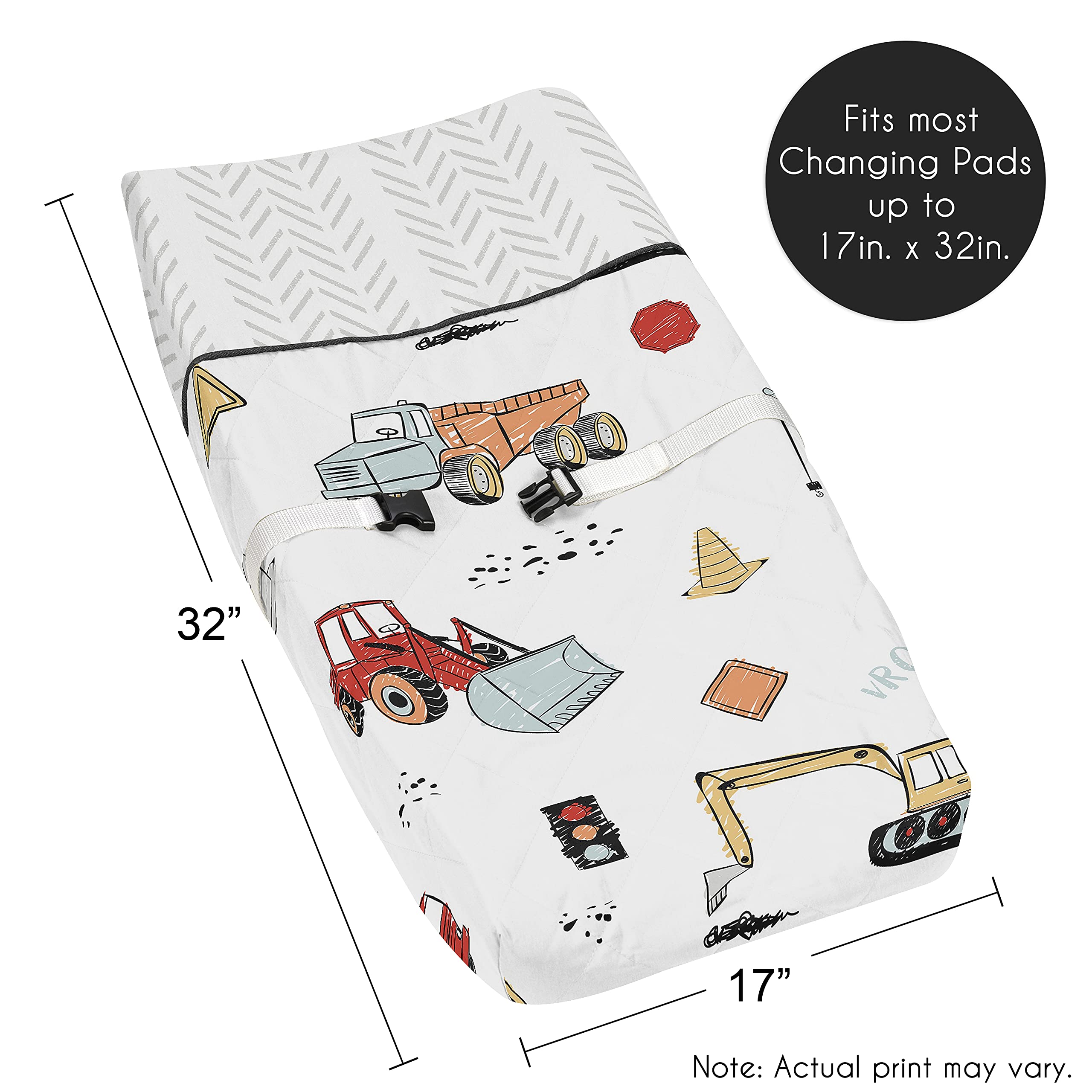 Sweet Jojo Designs Construction Truck Boy Baby Nursery Changing Pad Cover - Grey Yellow Orange Red and Blue Transportation Chevron Arrow