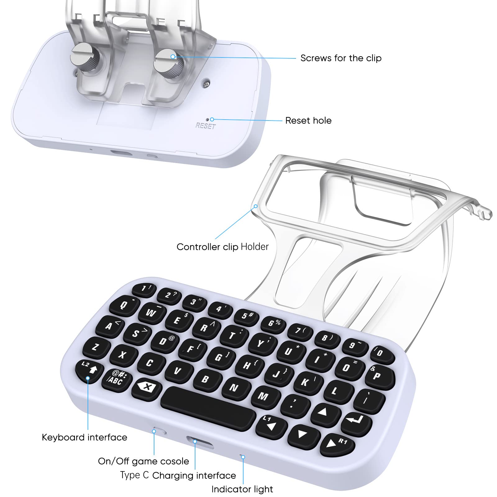 Wireless Keyboard for PS5 Controller, Mini Portable Bluetooth 3.0 Qwerty Keyboard Rechargeable Gamer Keypad with Stable Controller Mount Clip, Auto-Off, Reset & Search Function for Playstation 5