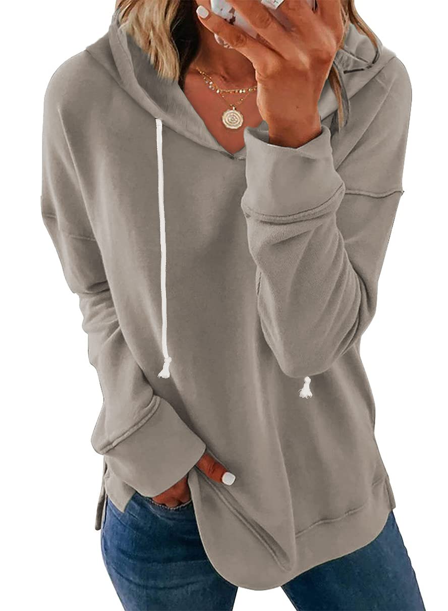 Women Casual Pullover Hoodie Tunic Tops Casual Long Sleeve Sweatshirt Loose Soft Pullover Beige Large
