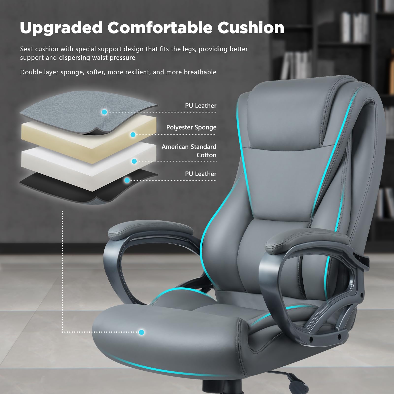 Soontrans Executive Office Chair 400lbs Big and Tall Office Chair for Heavy People Wide Seat Leather Desk Chair Adjustable Rocking Computer Chair Ergonomic Office Chair(Grey)