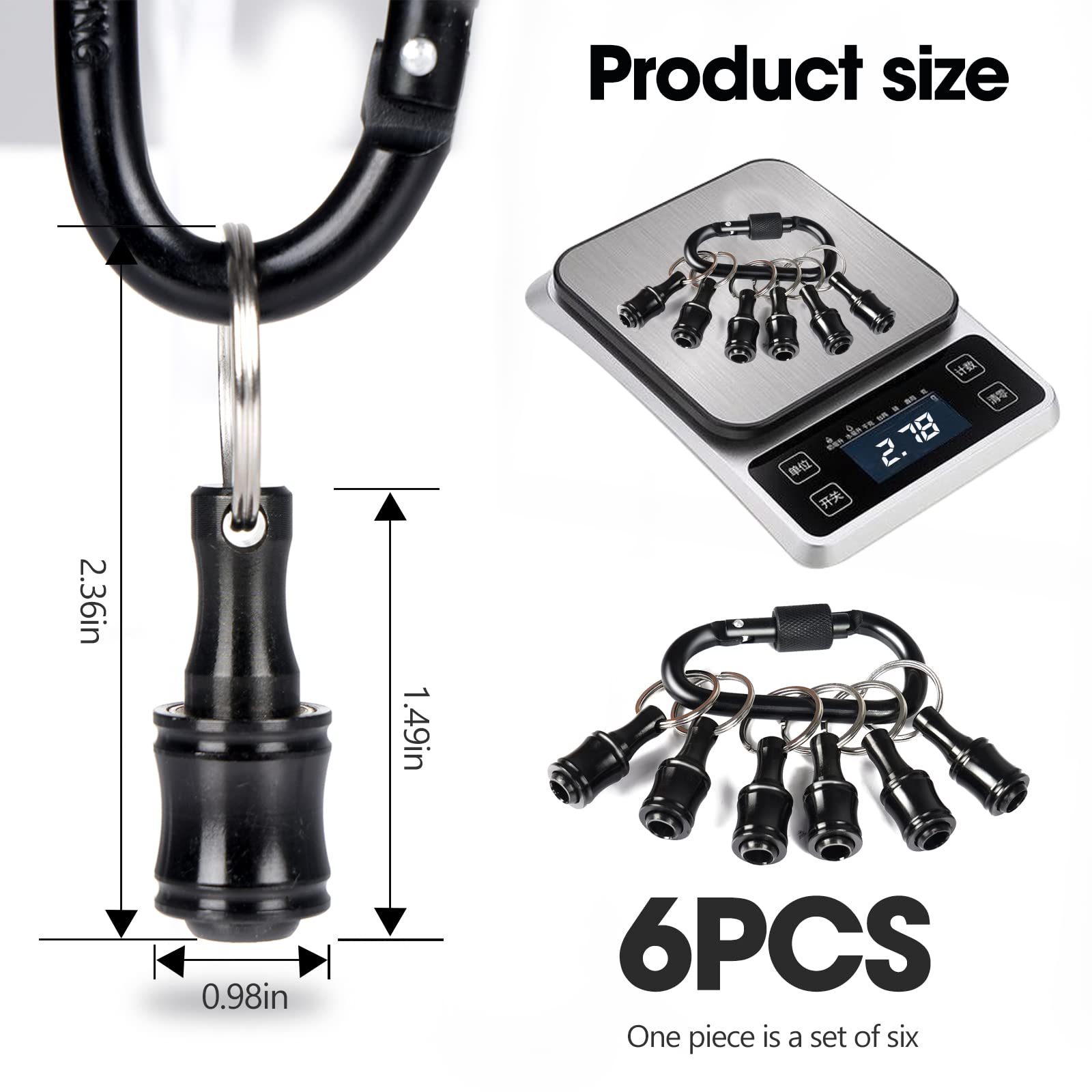 Upgrade 6 Pcs Bit Holder With Black Carabiner 1/4 inch Hex Shank Aluminum Alloy Screwdriver Bits Holder Light-weight Quick-change Extension Bar Keychain Drill Screw Adapter Change Portable (2 SET-B)