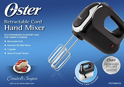 Oster FPSTHM0152-NP 5 Speed Hand Mixer with Storage Case, Black