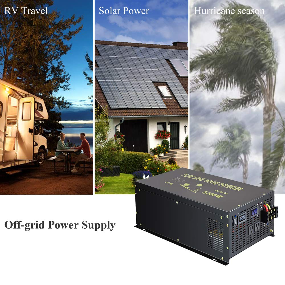 Reliable 5000W Continuous Power Heavy Duty Pure Sine Wave Power Inverter DC 12V to AC 110V 120V with Dual AC Outlets 41Amps Hardwire Terminal and LED Display for RV Car Solar System Emergency