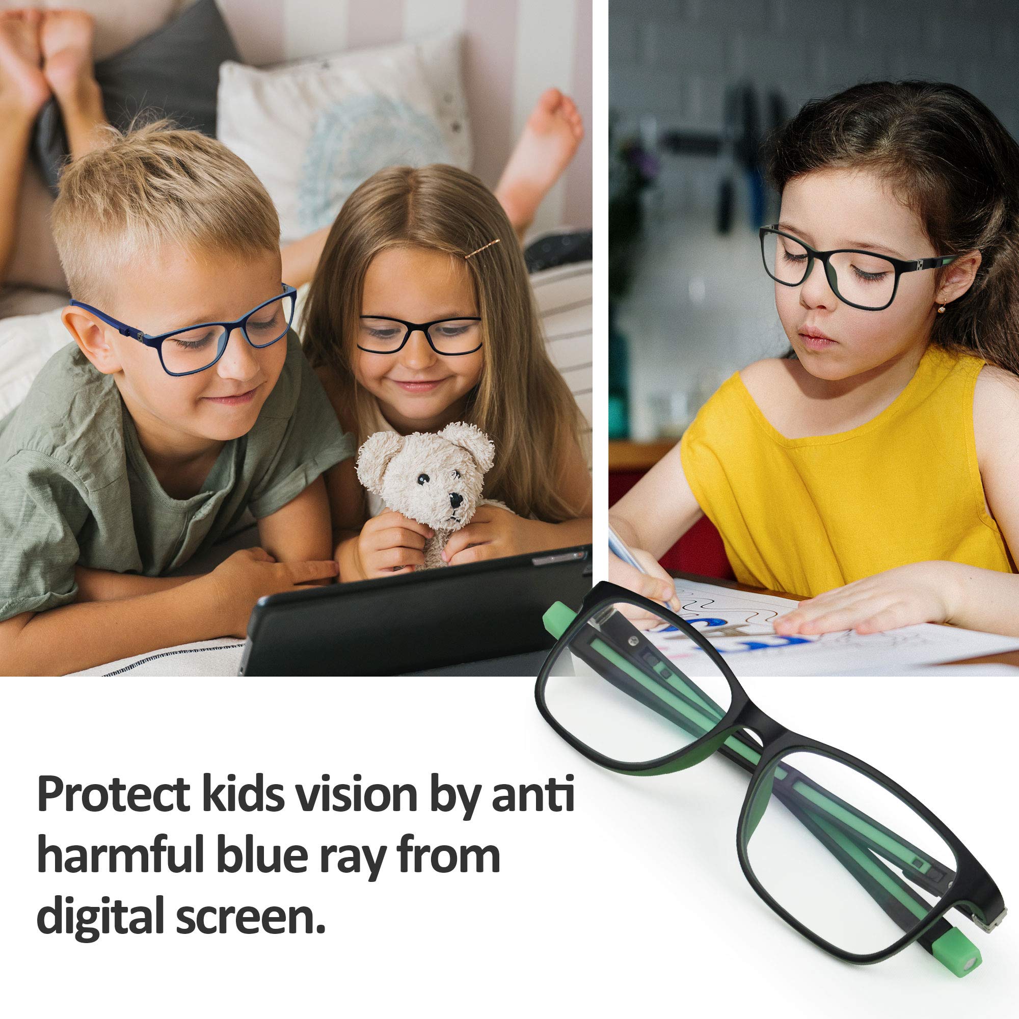 TYKEVO Kids Blue Light Blocking Glasses, Stretchable Silicone Eyeglasses Temples, Anti Eyestrain Computer Gaming Phone Glasses for Boys Girls Age 3-13 (Green)
