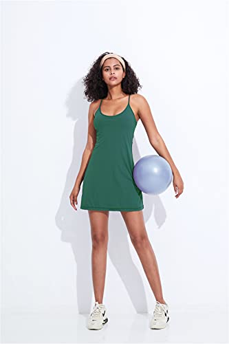 Women's Tennis Golf Dress, Sleeveless Built-in Bra & Shorts for Workout Green Large