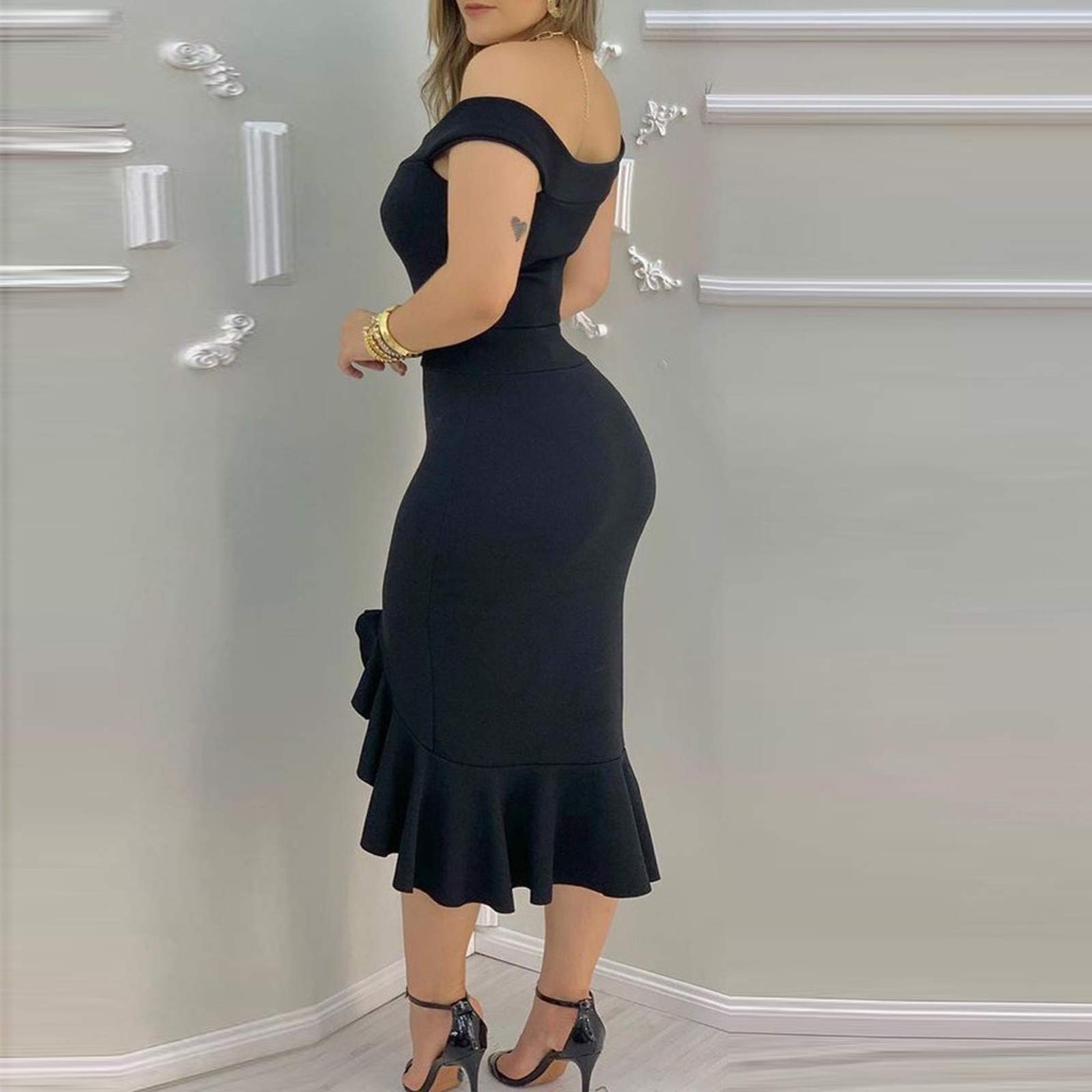Women's One Shoulder Wrap Dress Ruffle Side Split Knee-Length Dress Bodycon Midi Dress Black