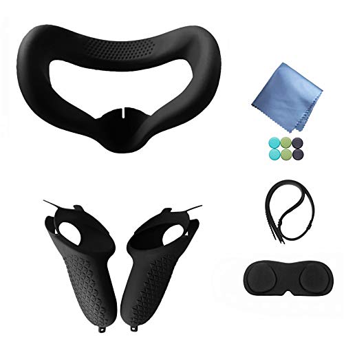 Silicone Face Cover Knuckle Strap Set Touch Controller Grip Cover for Quest 2 Comfortable Silicone VR Controller Skin Protective Cover Thumb Grips Lens Protect Cover (Black)