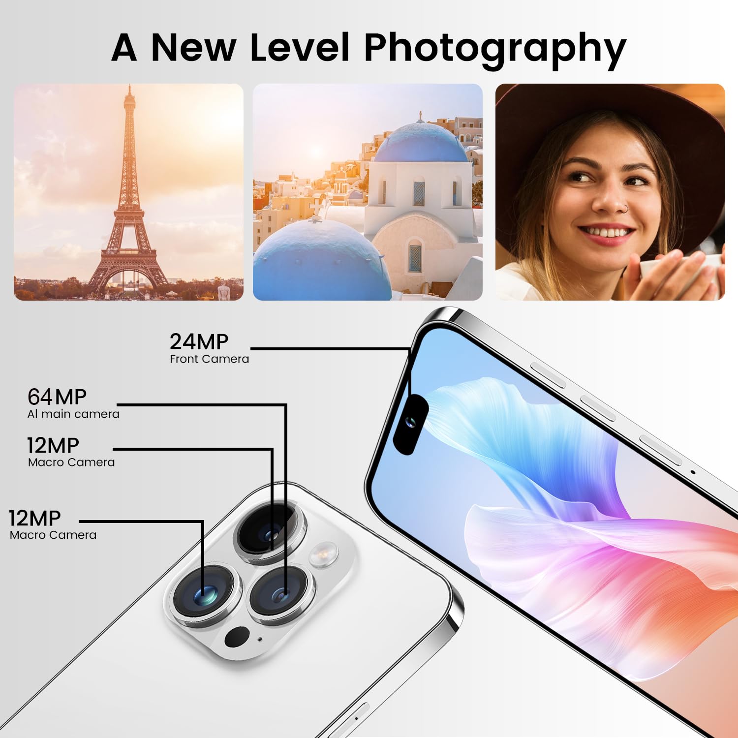 SANSHREUNI A14 Pro Max Unlocked Smartphone, 6+256GB Android 13 Unlocked Cell Phones, 6.82" FHD+ Display 64MP Camera 5G, White