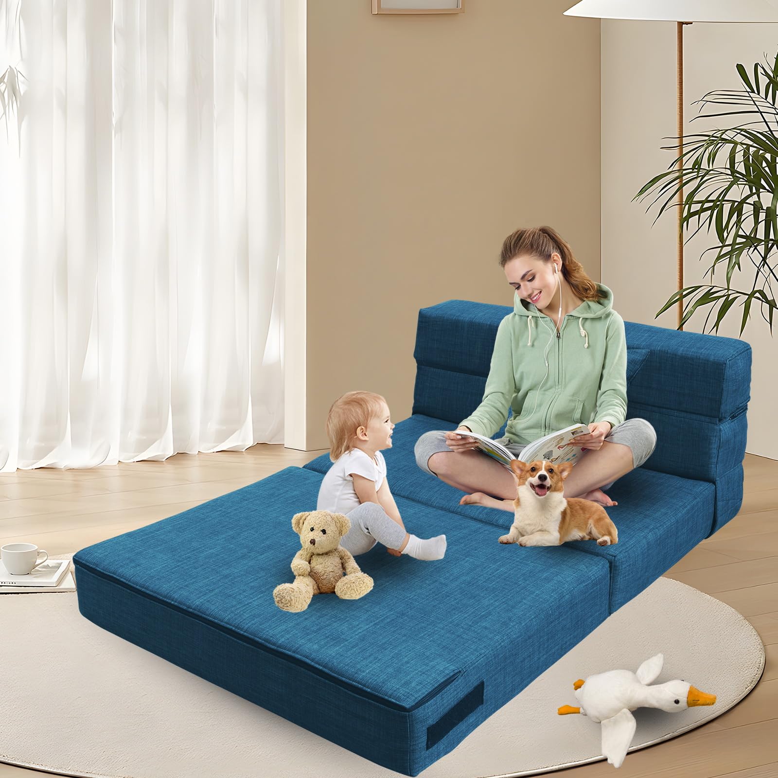Nigoone Folding Sofa Bed Couch Memory Foam with Pillow Sleeper Chair Lazy Couch Twin Size Futon Convertible Guest Beds,Washable Cover,Dark Blue
