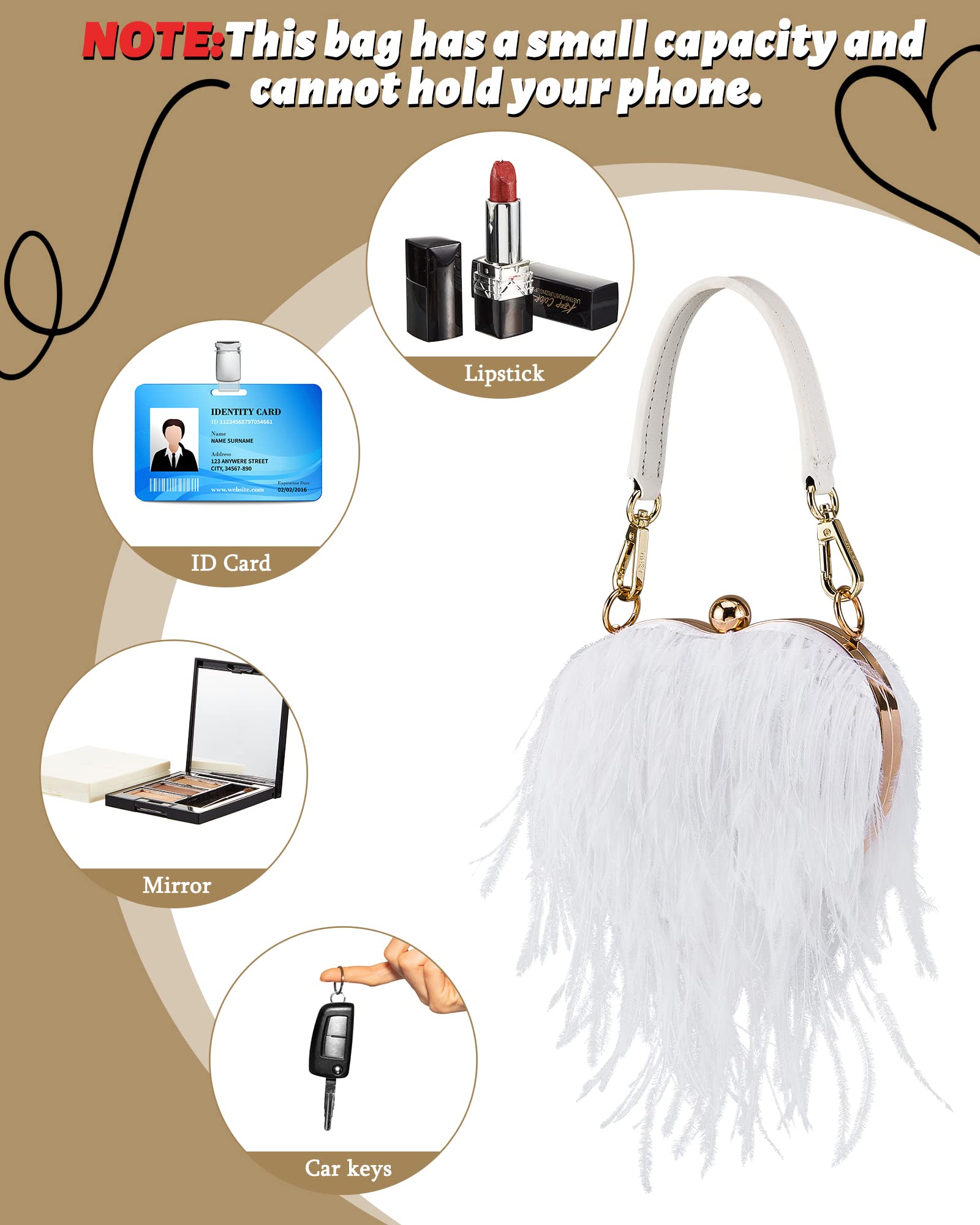 Women Ostrich Feather Tote Bag Heart Shaped Fluffy Purse Clutch Feather Purse Feather Evening Handbag for Wedding Party(White)