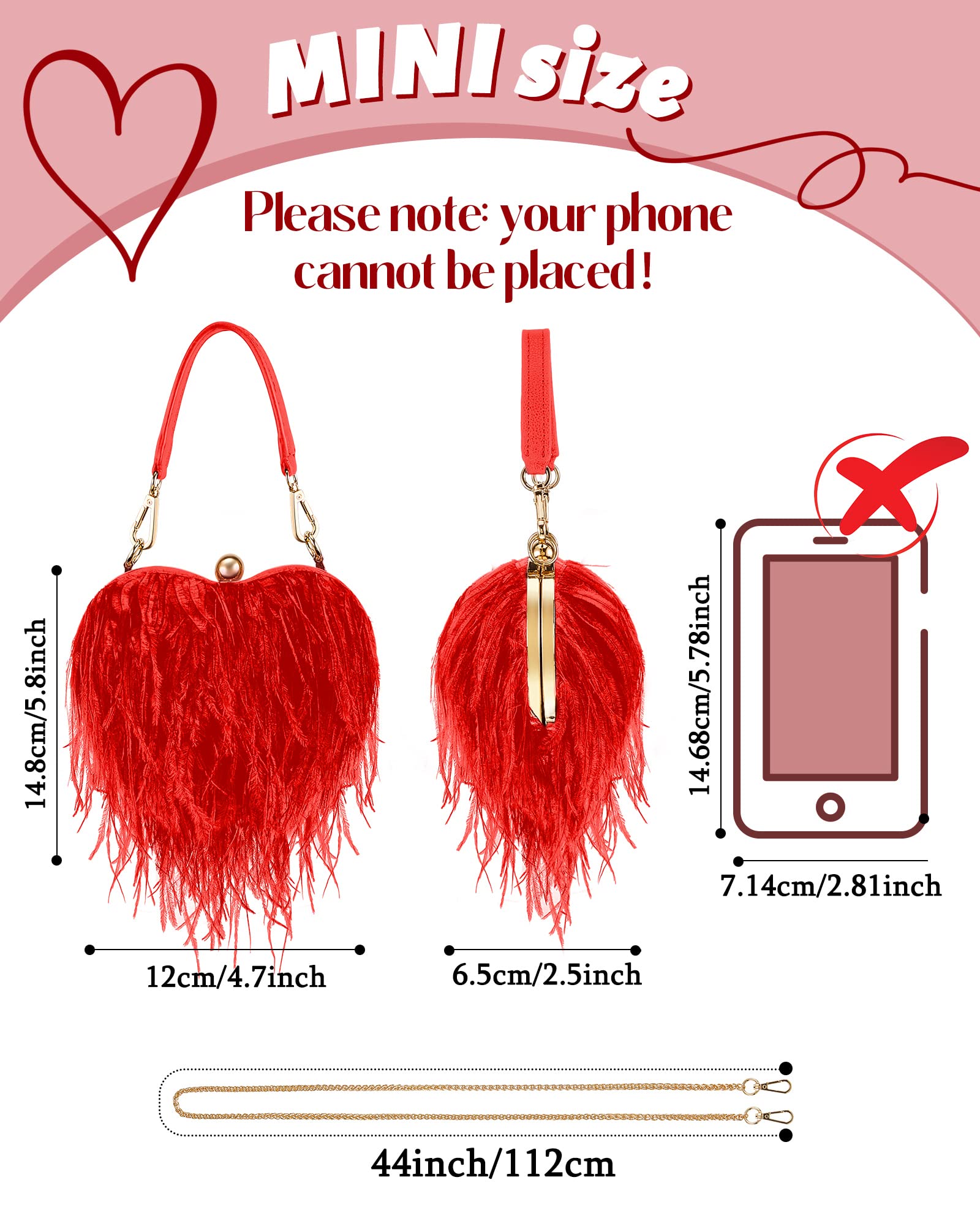 Women Ostrich Feather Tote Bag Heart Shaped Fluffy Purse Clutch Feather Purse Feather Evening Handbag for Wedding Party(Red)