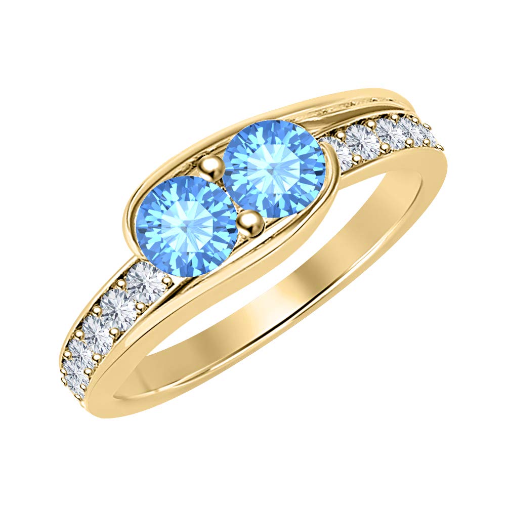 SVC-JEWELS 18K Yellow Gold Plated Created Blue Topaz & Diamond Two Stone Promise Wedding Ring For Women's.