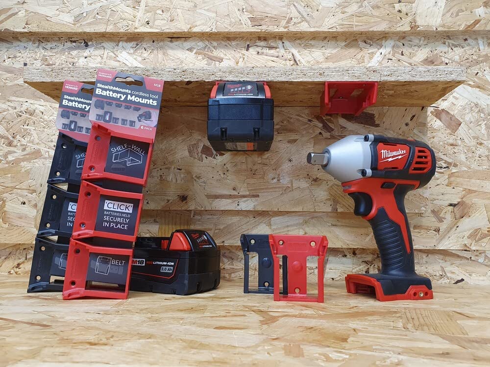 StealthMounts M18 Milwaukee Battery Holder - 6 Pack | Milwaukee M18 Battery Holder | 18V Milwaukee Battery Storage | Milwaukee Battery Mount | Milwaukee Organizer for M18 Batteries | Made in the UK