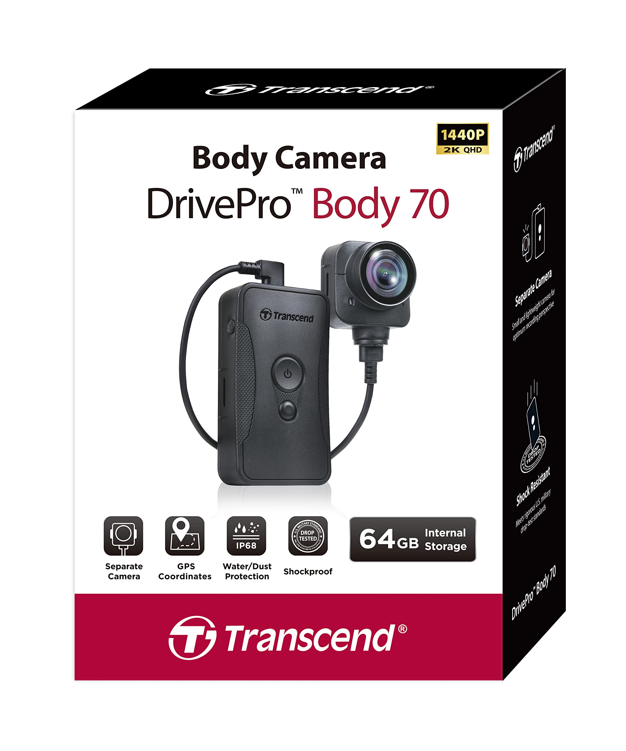 Transcend TS64GDPB70A DrivePro Body Camera 70 QHD 1440p IP68 MIL-STD-810G with Built-in 64GB Memory, 9-Hour Battery Life and Tethered Camera