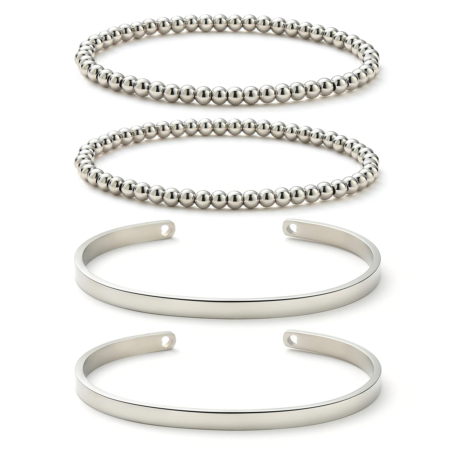 XIJIN 4Pcs Silver Beaded Bracelets Set Stainless Steel Friendship Cuff Bangle Bracelets for Women