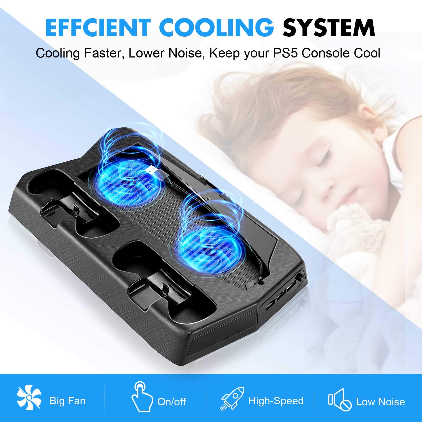 UeeVii PS5 Vertical Stand with Cooling Fan Dual Charging Station Dock for Playstation 5 Digital Edition and DualSense 14 Retractable Game Storage 3 USB Ports