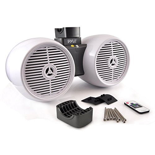 Pyle Waterproof Marine Wakeboard Tower Speakers - 6.5” Dual Subwoofer Set and 1.0” Tweeters, LED Lights and 400 Watt Power 2-Way Boat Audio System with Mounting Bracket - (White)