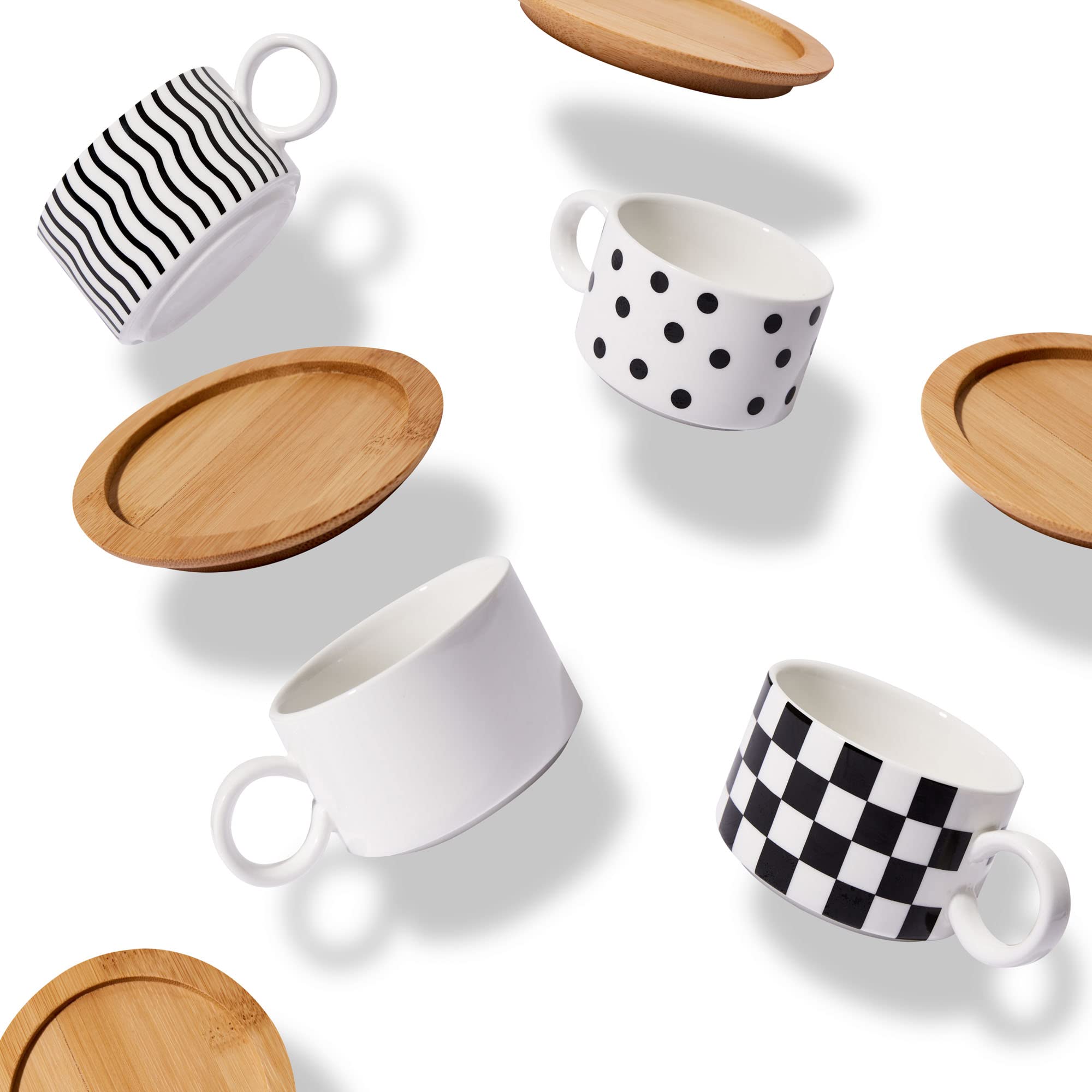 SUPERLY Stackable Espresso Cups Set of 4 - Espresso Mugs with Wooden Saucers, Metal Stand - Durable Porcelain Espresso Cup - Easy To Clean, Dishwasher-Safe - Modern Coffee, Latte, Tea Mug Set - 6 Oz