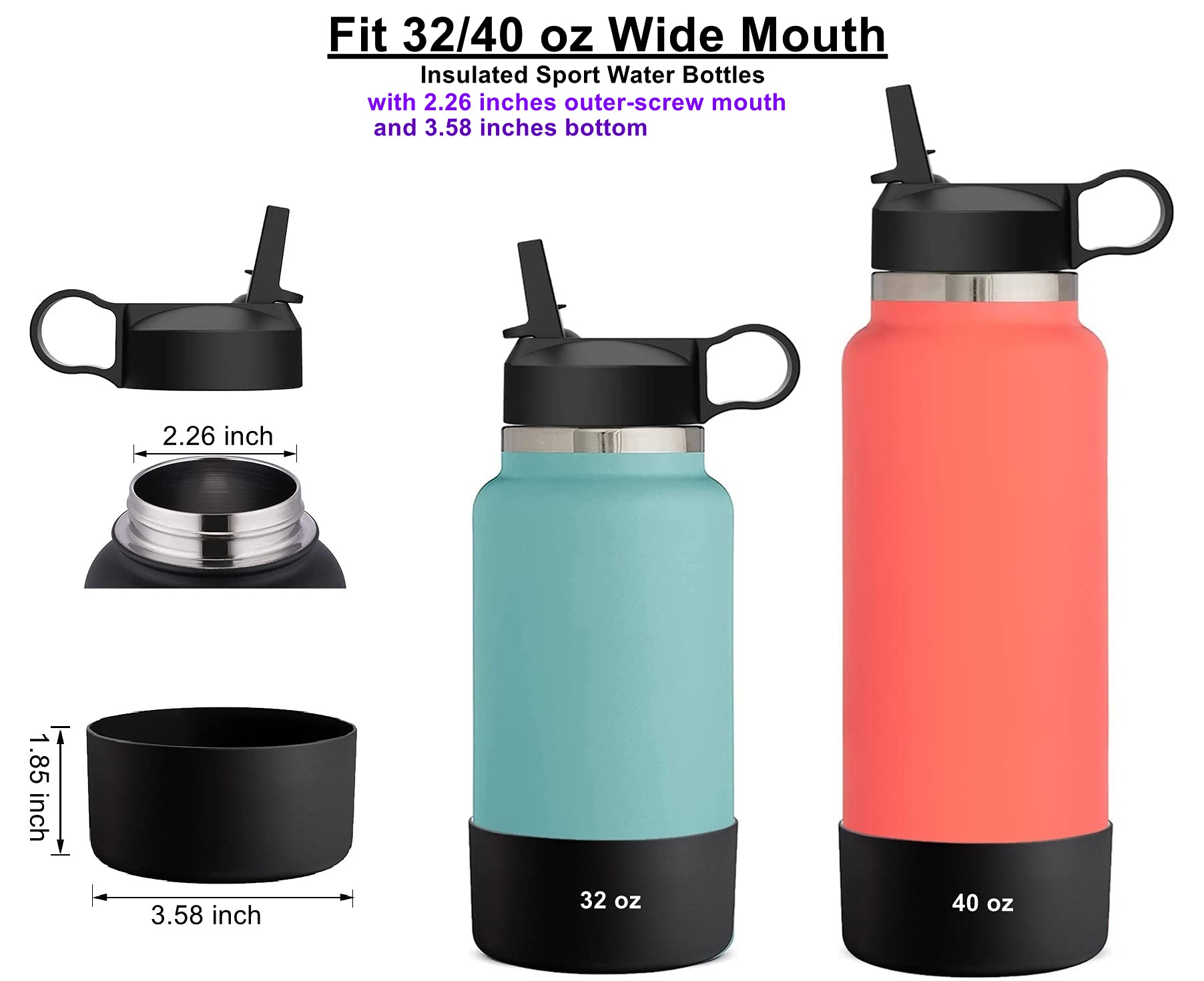 SPORTULA Straw Lid with Boot compatible with Hydro Flask Wide Mouth and other Insulated Sport Water Bottles (Black, Fit 32/40 oz Bottle)