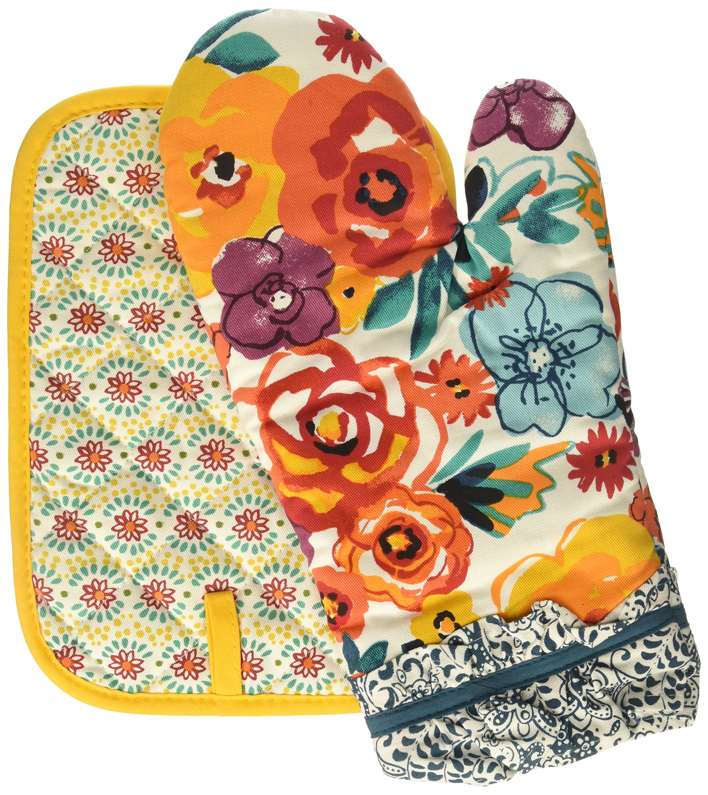 Pioneer Woman Oven Mitt & Pot Holder Bright Floral Multi-Color 2 pc Set