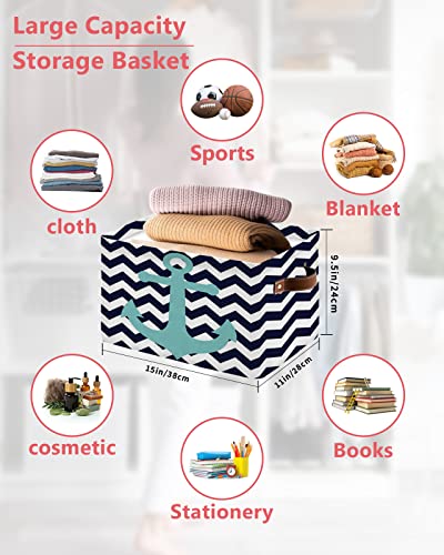 Storage Bins Large Storage Basket,Teal Anchor Black White Stripe Ripple Collapsible Storage Bins with Handle,Nautical Theme Line Art Storage Baskets Cube Organizer for Shelves Closet Nursery 1PC