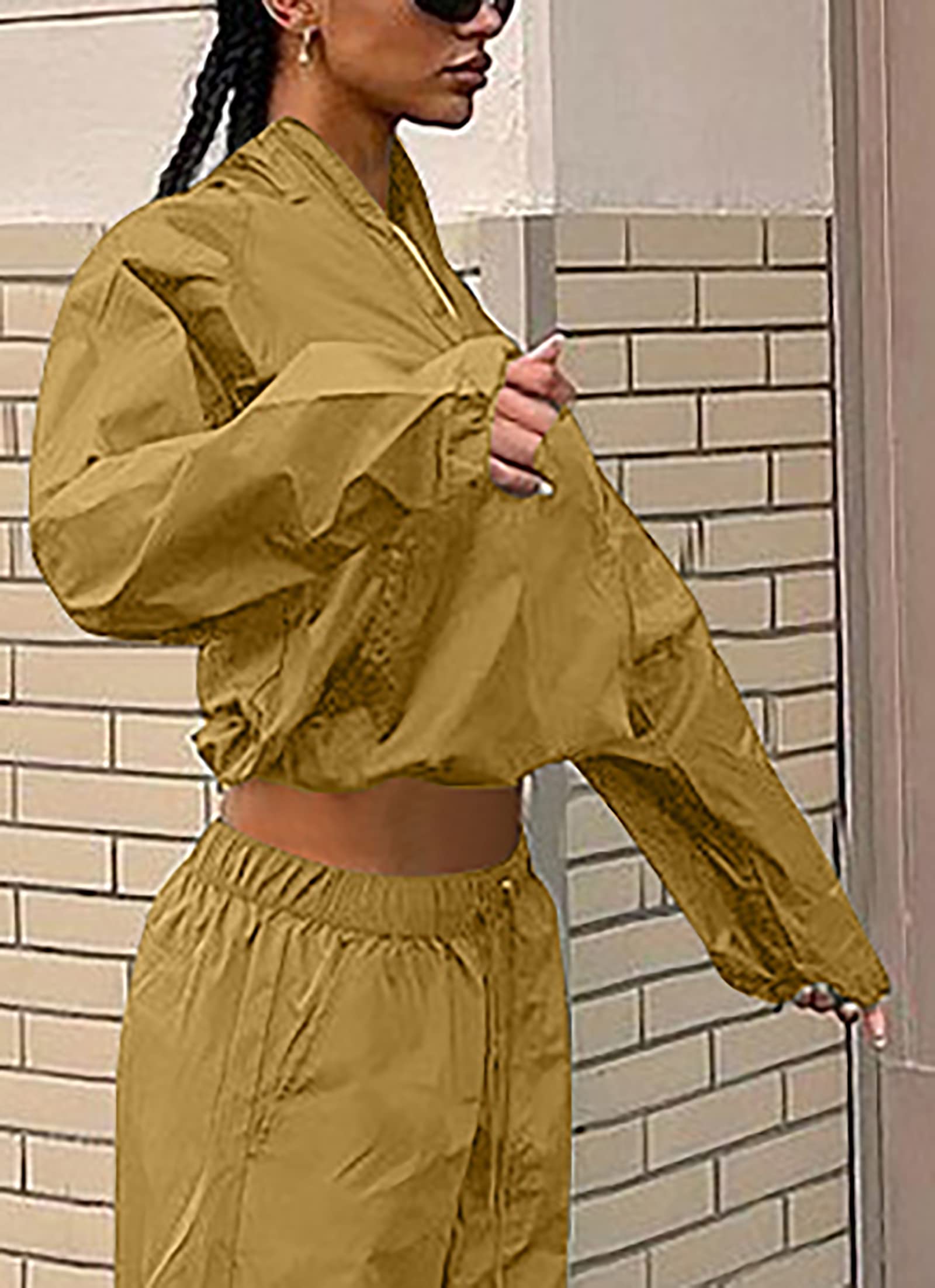 Women Quarter Zip Workout Jacket Long Sleeve Cropped Athletic Running Pullover Sweatshirt Casual Windbreaker KahkiL