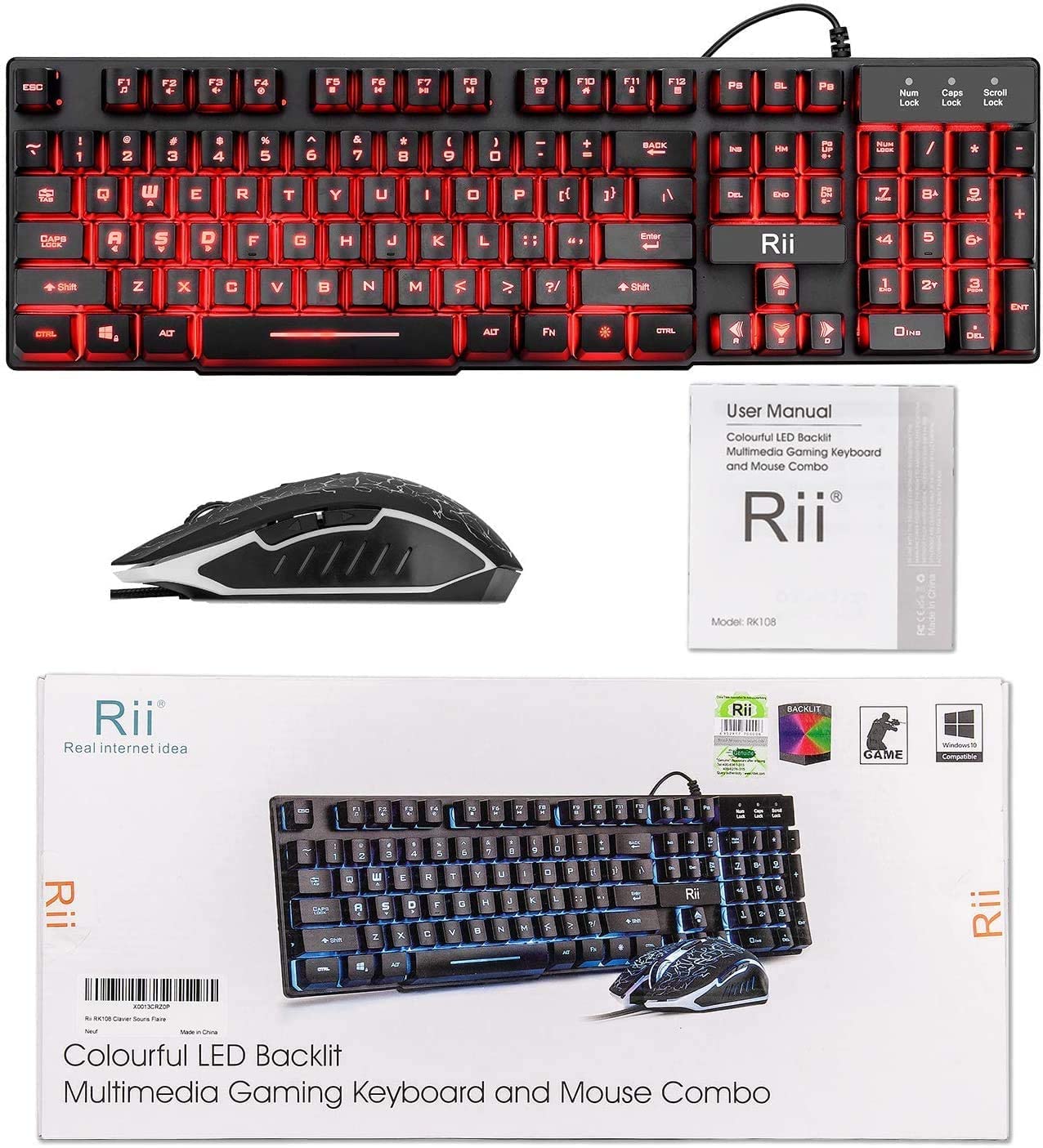 Rii Gaming Keyboard and Mouse Set, 3-LED Backlit Mechanical Feel Business Office Keyboard Colorful Breathing Backlit Gaming Mouse for Working or Primer Gaming,Office Device (RK108)