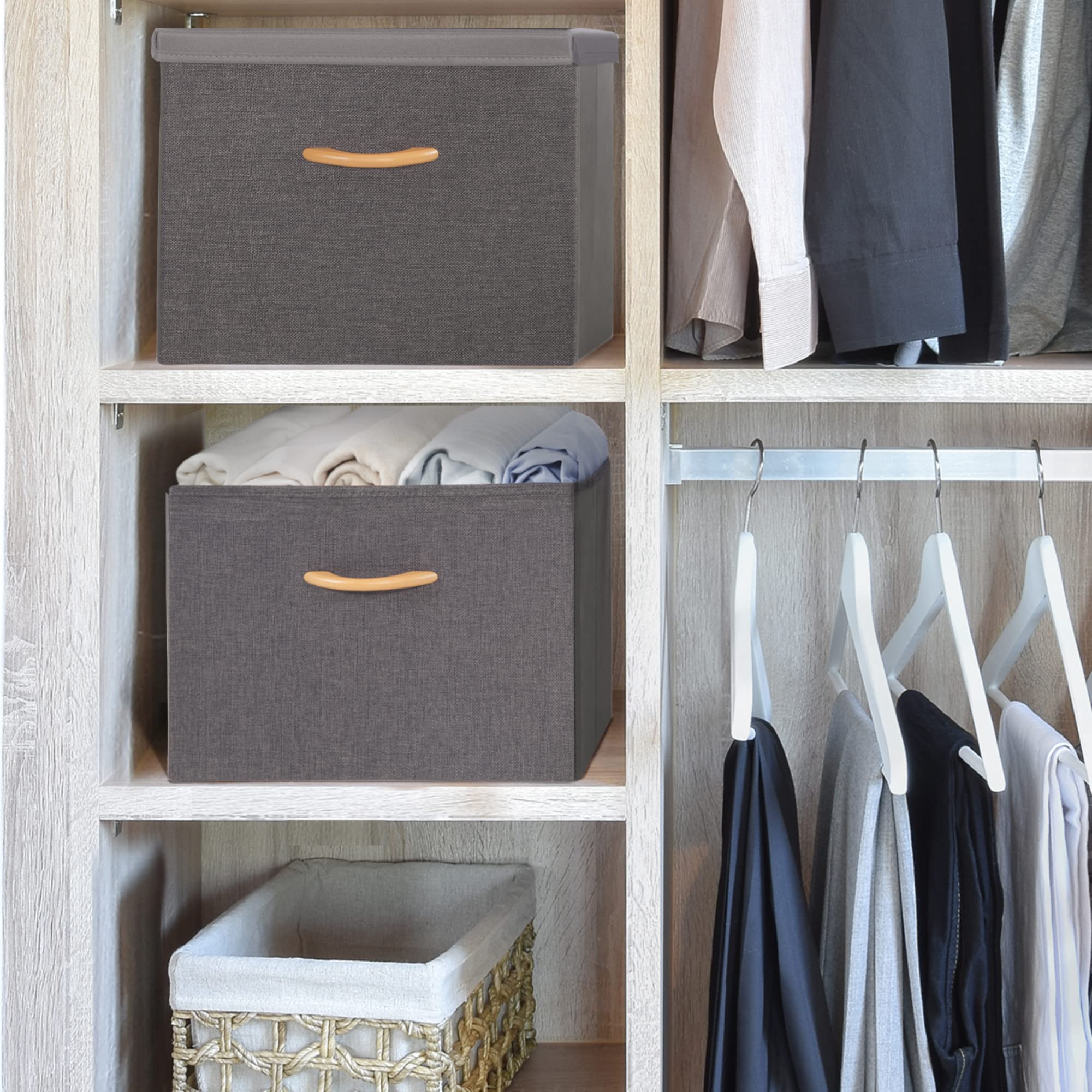 STORAGE MANIAC Shelf Baskets with Handle & Lid, Storage Bins, Foldable Storage Baskets, Fabric Clothes Storage Boxes for Organizing Closet Shelf Nursery Toy 15.75" W x 11.8" D x 12.2" H, Grey 2-Pack