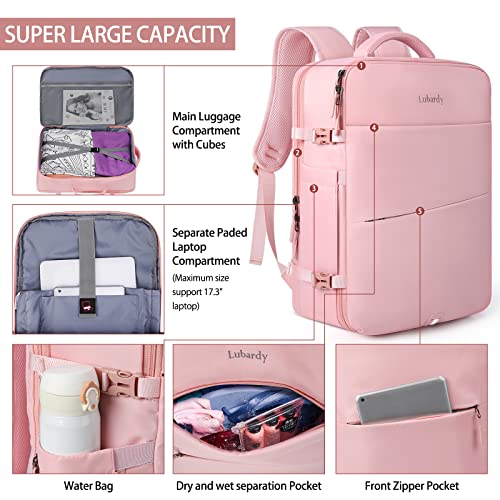 Travel Backpack for Men Women 17 Inch Flight Approved Carry on Backpack Waterproof Large 40L Luggage Daypack Business College Weekender Overnight Laptop Backpack with 3 Packing Cubes, Pink