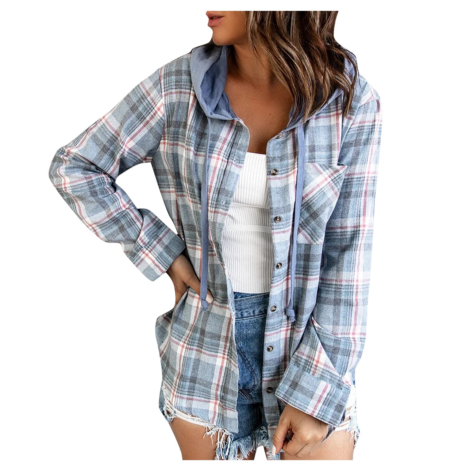 Womens Flannel Color Block Plaid Blouses Button-Down Pocket Long Sleeve Tops Plaid Jackets for Women Blue