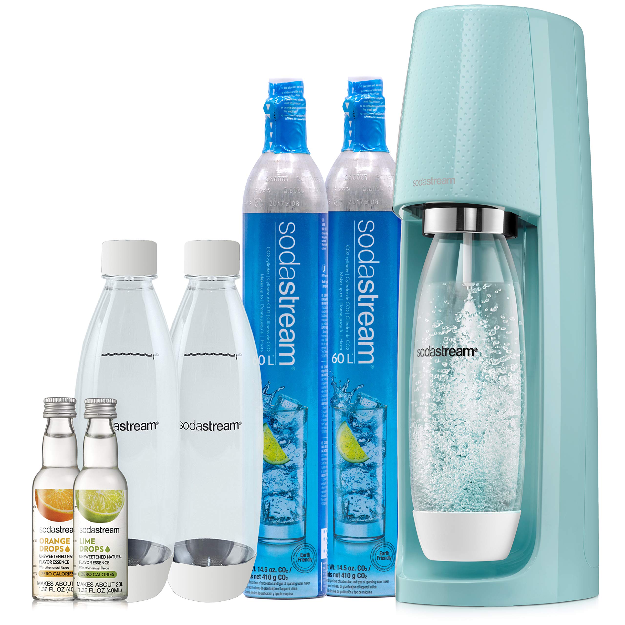 SodaStream Fizzi Sparkling Water Maker Bundle (Icy Blue), with CO2, BPA free Bottles, and 0 Calorie Fruit Drops Flavors