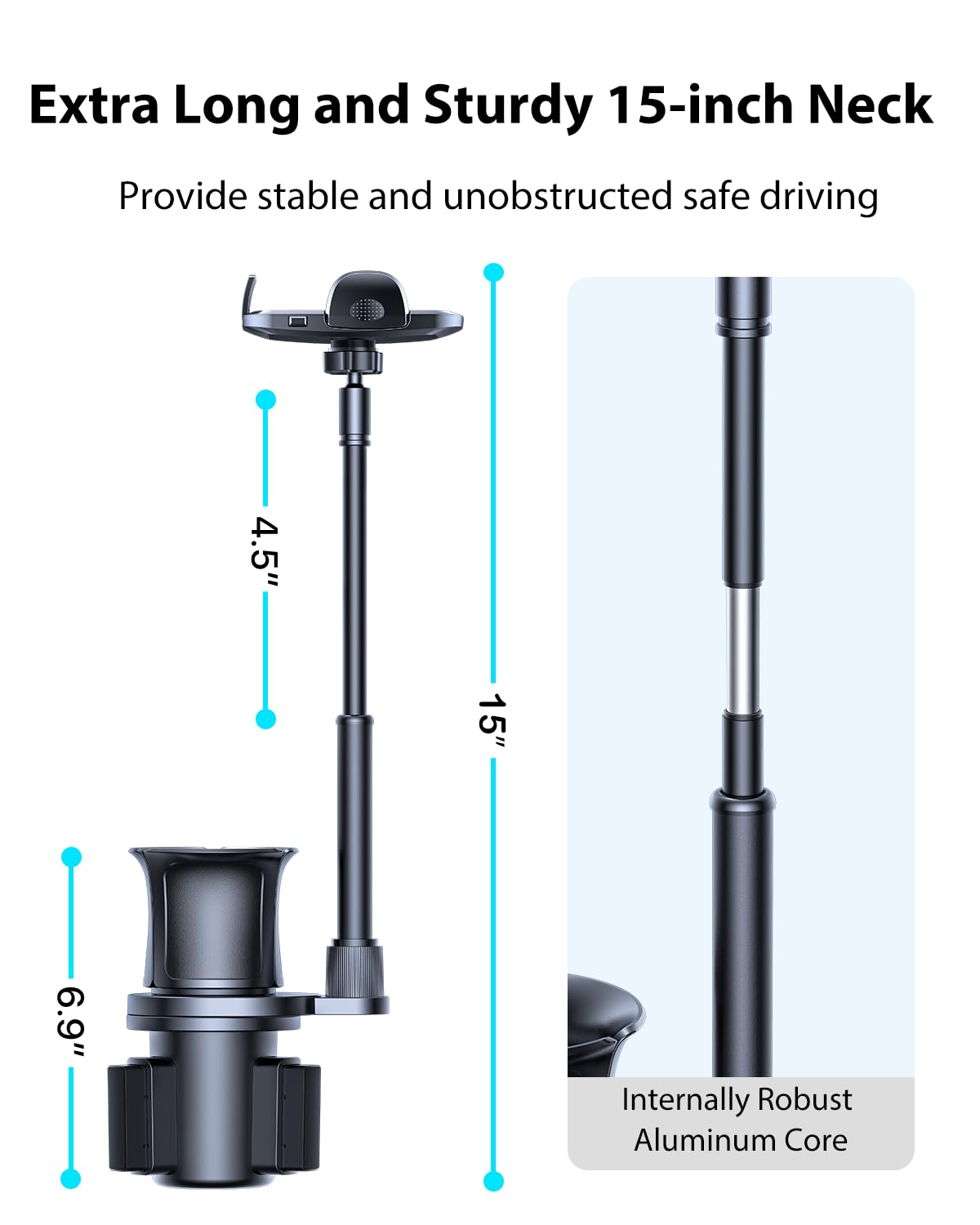 Rorhxia 15inch Cup Holder Phone Mount with Cup Expander [Enjoy Convenience and Flexibility] Drink Cup Phone Holder for Car/Truck/SUV, Adjustable Long Neck Compatible with iPhone, Samsung