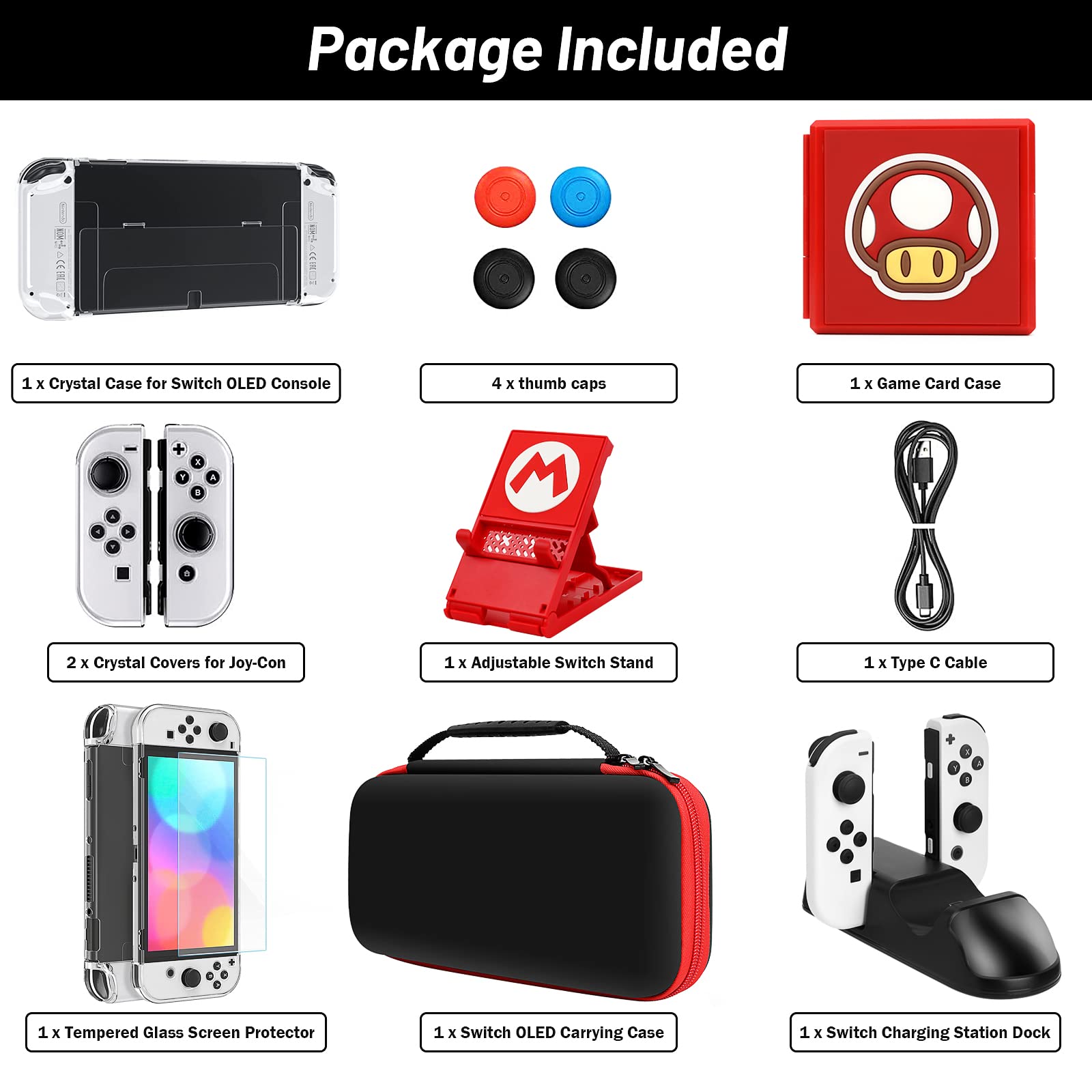 Switch OLED Accessories Bundle Kit - Transparent Case Cover, Screen Protector, Carrying Case Bag, Adjustable Stand, Game Card Case, Joycon Charging Dock for Nintendo Switch OLED Model (2021)